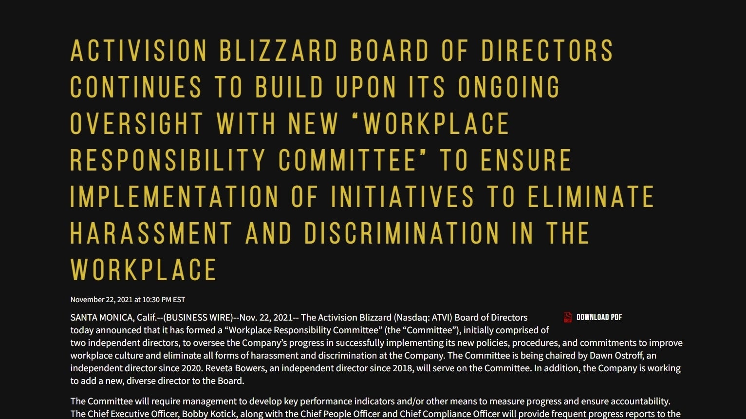Activision Blizzard's latest workplace initiative is a committee led by ...