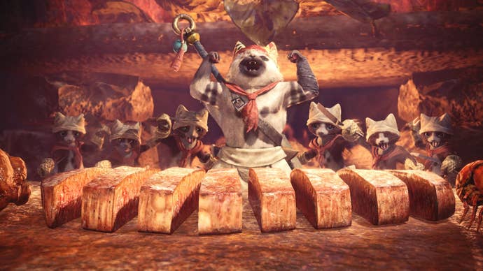 A cat chef standing over a meal of chopped meat in Monster Hunter