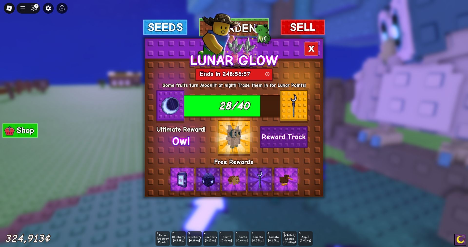 Grow a Garden Lunar event and Wise Old Owl Lunar Glow quest rewards ...