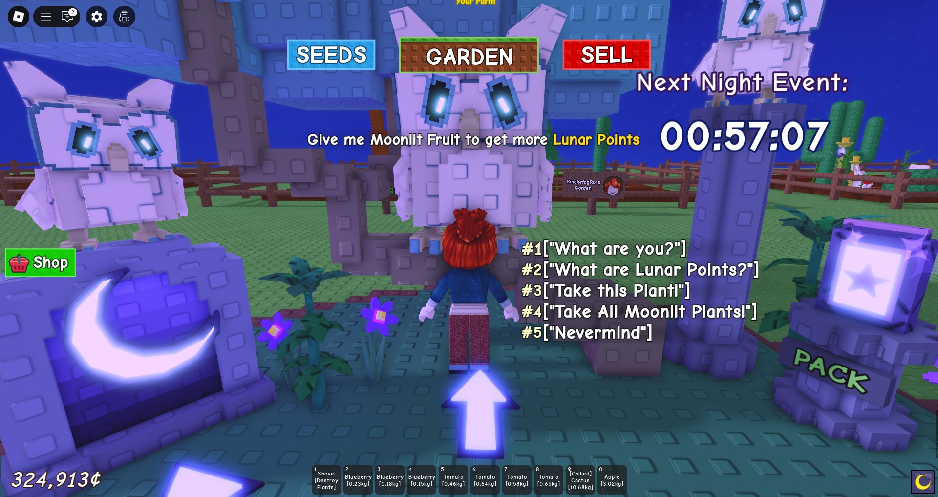 Grow a Garden Lunar event and Wise Old Owl Lunar Glow quest rewards ...