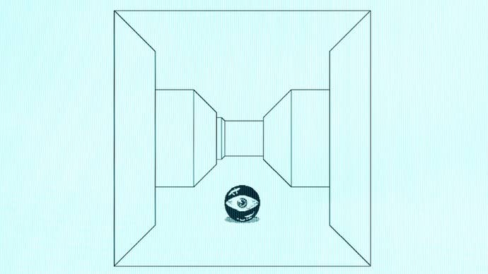 An eyeball looking at you from a corridor with passages, from a remake of Mazewar!