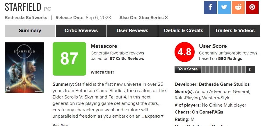 Jogadores arrasam Starfield no Metacritic | Eurogamer.pt