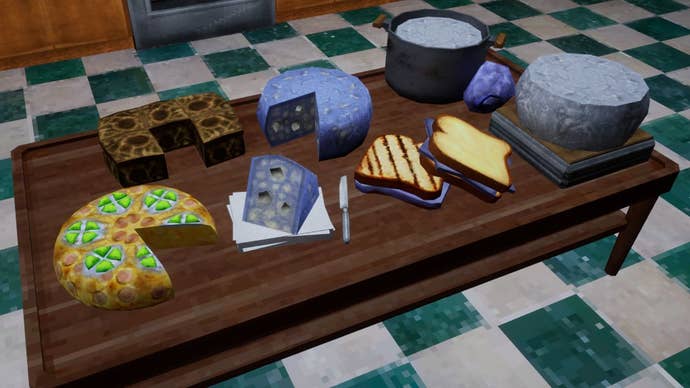 A table full of different types of cheese in co-op survival game Abiotic Factor.
