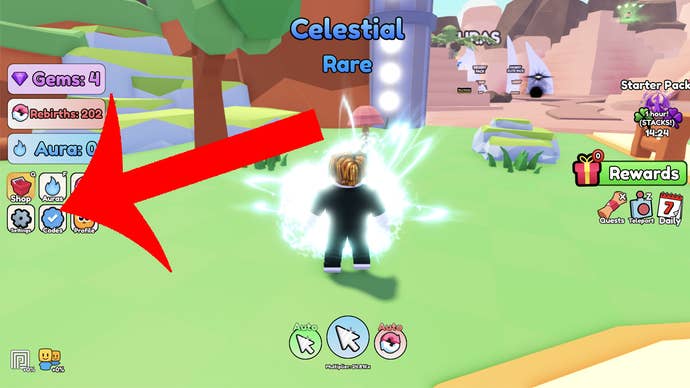 An arrow pointing at the codes button in the Roblox game Aura Farm Simulator.
