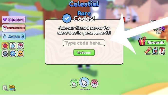 An arrow pointing at the codes menu in the Roblox game Aura Farm Simulator.