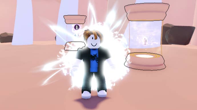 A Roblox character with a glowing aura in the experience Aura Farm Simulator.