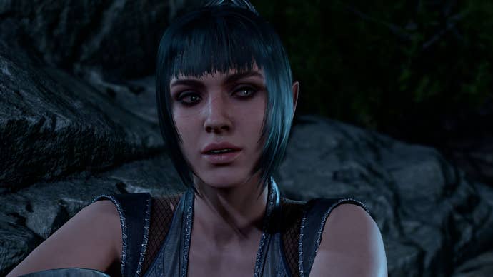 A close up of Shadowheart the half-elf cleric in Baldur's Gate 3