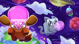 Artwork for the Roblox game Bubble Gum Simulator Infinity showing cute, cube-shaped animal characters blowing bubbles.