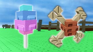 A Candy Blossom (resembling candy floss on a stick) and a Bone Blossom (resembling a piece of meat with bones coming out of it) juxtaposed against each other in Grow A Garden.