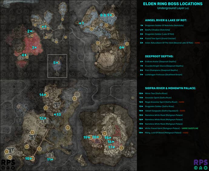 A map of the Undergound Layer regions in Elden Ring, with the locations of every single boss encounter marked and numbered.