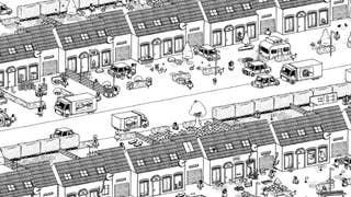 A black and white overhead view of rows of miniature houses, from the game Hidden Folks which was available for free for a limited time on the Epic Games Store.