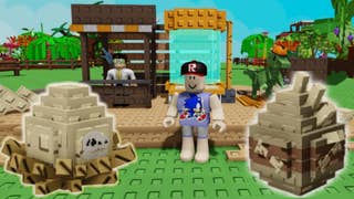 A Roblox player stands by the DNA Machine in the Grow A Garden Prehistoric update alongside a Dinosaur Egg and a Primal Egg.
