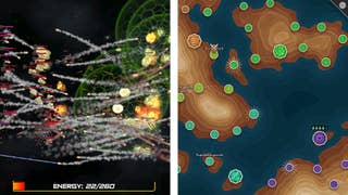 An image showing spaceships fighting in Hyper Empire and dots placed over landmasses in High Strategy.