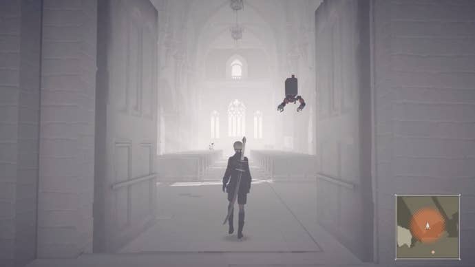 A2 steps into a mysterious church building in what appears to be Nier: Atomata's Copied City