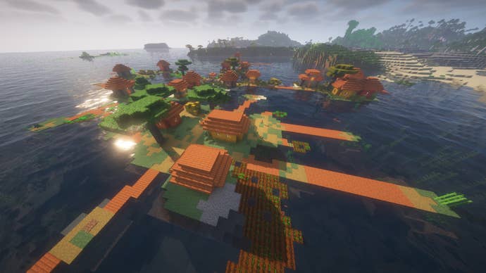 An offshore foating village with several small houses and piers in Minecraft, with BSL Shaders overlaid on everything for an extra realistic look.