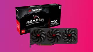 PowerColor RX 9070 XT Reaper GPU on a gradient background