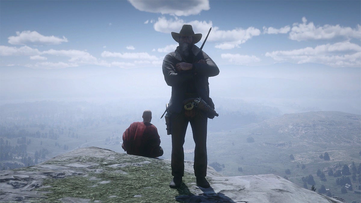 Medytujący buddyjski mnich na szczycie góry w Red Dead Redemption 2 ...