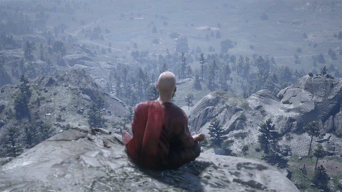 Medytujący buddyjski mnich na szczycie góry w Red Dead Redemption 2 ...