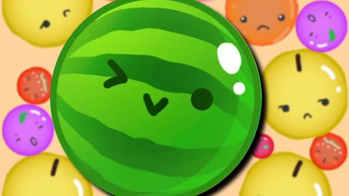 A number of fruits from Suika Game pressed against one another, including a watermelon in the centre.