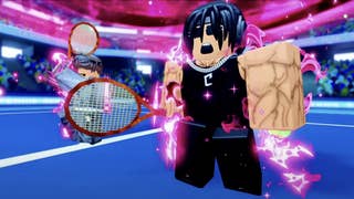 Two Roblox characters holding tennis rackets in the sports game Tennis Zero.