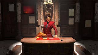 A golden person dressed in red sits behind a desk in unconventional fashion in Thousand Hells: The Underworld Heists.