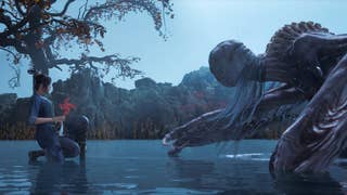 Wuchang, kneeling and holding a red pinwheel, comes face-to-face with the Monstrous Toddler Bai Kru boss in Wuchang Fallen Feathers.